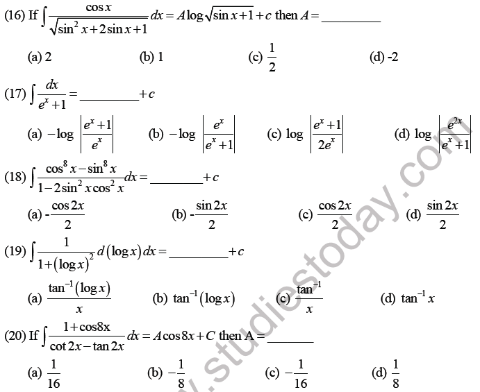 JEE Mathematics Indefinite Integrals MCQs Set C with Answers